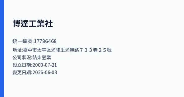 博達工業社的照片-統編 17796468(臺中市) 公司登記資料與營業項目詳細圖表