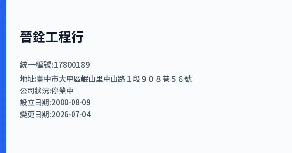 晉銓工程行的照片-統編 17800189(臺中市) 公司登記資料與營業項目詳細圖表