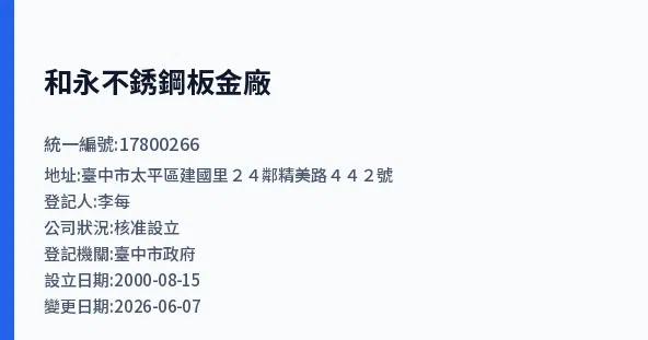 和永不銹鋼板金廠的照片-統編 17800266(臺中市) 公司登記資料與營業項目詳細圖表