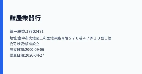 鼓屋樂器行的照片-統編 17802481(臺中市) 公司登記資料與營業項目詳細圖表