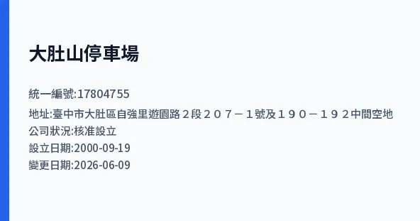大肚山停車場的照片-統編 17804755(臺中市) 公司登記資料與營業項目詳細圖表