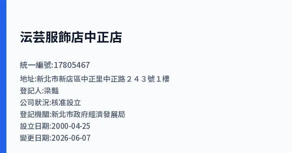 沄芸服飾店中正店的照片-統編 17805467(新北市) 公司登記資料與營業項目詳細圖表