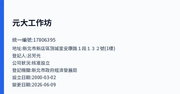 元大工作坊的照片-統編 17806395(新北市) 公司登記資料與營業項目詳細圖表