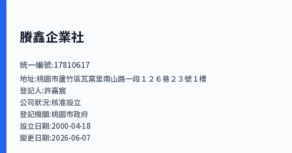 賸鑫企業社的照片-統編 17810617(桃園市) 公司登記資料與營業項目詳細圖表
