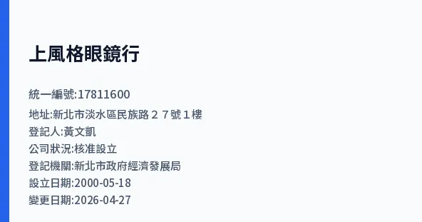 上風格眼鏡行的照片-統編 17811600(新北市) 公司登記資料與營業項目詳細圖表