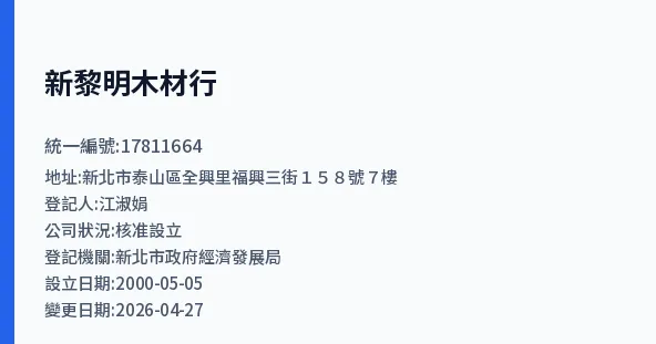 新黎明木材行的照片-統編 17811664(新北市) 公司登記資料與營業項目詳細圖表