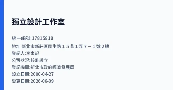 獨立設計工作室的照片-統編 17815818(新北市) 公司登記資料與營業項目詳細圖表
