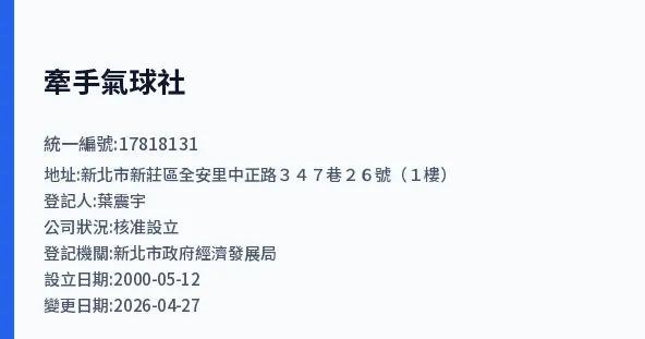 牽手氣球社的照片-統編 17818131(新北市) 公司登記資料與營業項目詳細圖表