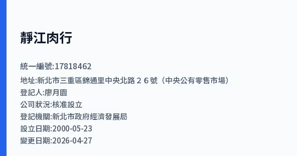 靜江肉行的照片-統編 17818462(新北市) 公司登記資料與營業項目詳細圖表