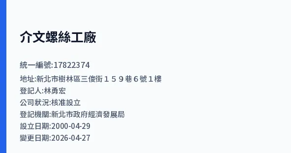 介文螺絲工廠的照片-統編 17822374(新北市) 公司登記資料與營業項目詳細圖表