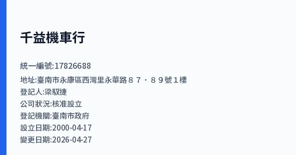 千益機車行的照片-統編 17826688(臺南市) 公司登記資料與營業項目詳細圖表