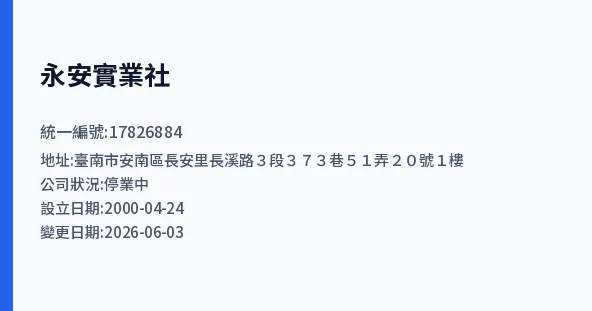 永安實業社的照片-統編 17826884(臺南市) 公司登記資料與營業項目詳細圖表