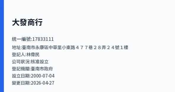 大發商行的照片-統編 17833111(臺南市) 公司登記資料與營業項目詳細圖表