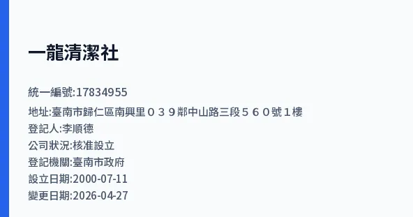一龍清潔社的照片-統編 17834955(臺南市) 公司登記資料與營業項目詳細圖表