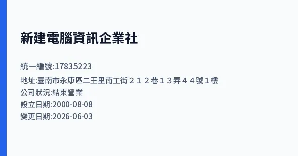 新建電腦資訊企業社的照片-統編 17835223(臺南市) 公司登記資料與營業項目詳細圖表