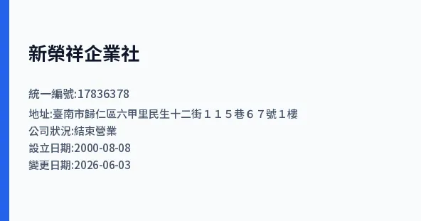 新榮祥企業社的照片-統編 17836378(臺南市) 公司登記資料與營業項目詳細圖表