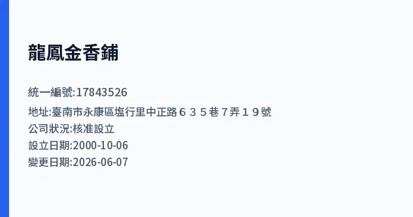龍鳳金香鋪的照片-統編 17843526(臺南市) 公司登記資料與營業項目詳細圖表