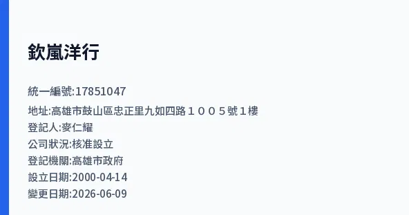 欽嵐洋行的照片-統編 17851047(高雄市) 公司登記資料與營業項目詳細圖表
