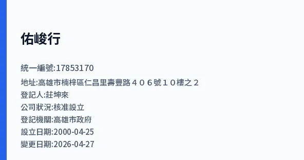 佑峻行的照片-統編 17853170(高雄市) 公司登記資料與營業項目詳細圖表