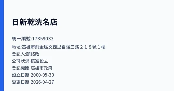 日新乾洗名店的照片-統編 17859033(高雄市) 公司登記資料與營業項目詳細圖表