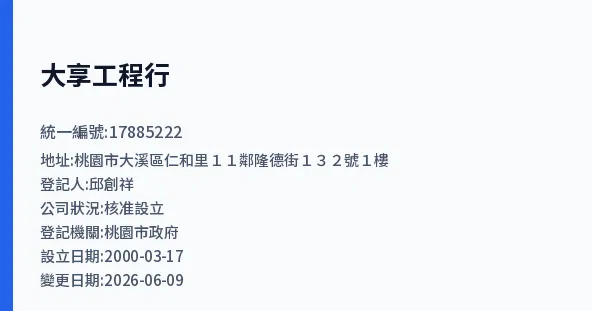 大享工程行的照片-統編 17885222(桃園市) 公司登記資料與營業項目詳細圖表