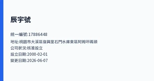 辰宇號的照片-統編 17886448(桃園市) 公司登記資料與營業項目詳細圖表