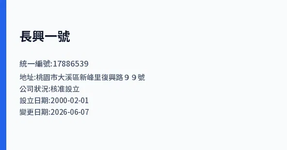 長興一號的照片-統編 17886539(桃園市) 公司登記資料與營業項目詳細圖表