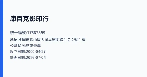 康百克影印行的照片-統編 17887559(桃園市) 公司登記資料與營業項目詳細圖表