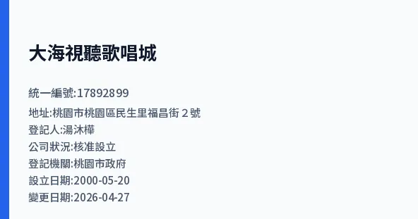大海視聽歌唱城的照片-統編 17892899(桃園市) 公司登記資料與營業項目詳細圖表
