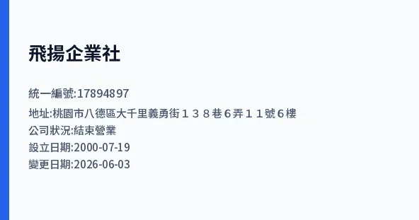 飛揚企業社的照片-統編 17894897(桃園市) 公司登記資料與營業項目詳細圖表