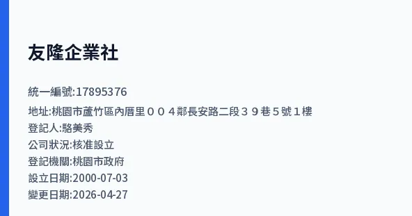 友隆企業社的照片-統編 17895376(桃園市) 公司登記資料與營業項目詳細圖表