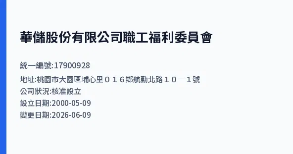 華儲股份有限公司職工福利委員會的照片-統編 17900928(桃園市) 公司登記資料與營業項目詳細圖表