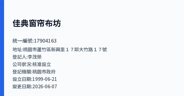 佳典窗帘布坊的照片-統編 17904163(桃園市) 公司登記資料與營業項目詳細圖表
