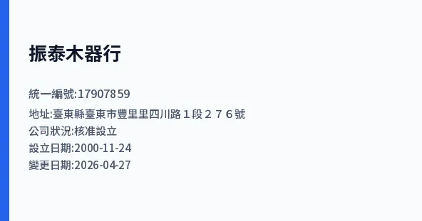 振泰木器行的照片-統編 17907859(臺東縣) 公司登記資料與營業項目詳細圖表