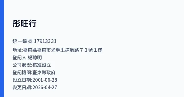 彤旺行的照片-統編 17913331(臺東縣) 公司登記資料與營業項目詳細圖表