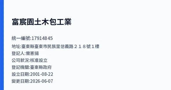 富宸園土木包工業的照片-統編 17914845(臺東縣) 公司登記資料與營業項目詳細圖表