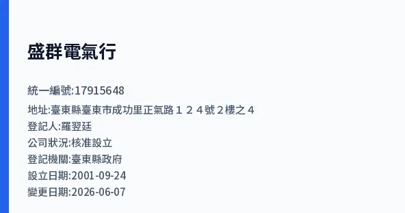 盛群電氣行的照片-統編 17915648(臺東縣) 公司登記資料與營業項目詳細圖表
