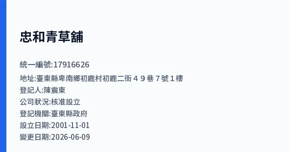 忠和青草舖的照片-統編 17916626(臺東縣) 公司登記資料與營業項目詳細圖表