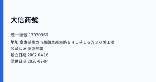 大信商號的照片-統編 17920966(臺東縣) 公司登記資料與營業項目詳細圖表