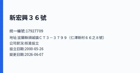 新宏興36號的照片-統編 17927709(宜蘭縣) 公司登記資料與營業項目詳細圖表