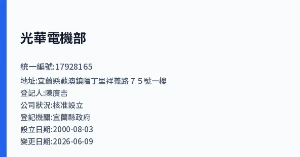 光華電機部的照片-統編 17928165(宜蘭縣) 公司登記資料與營業項目詳細圖表