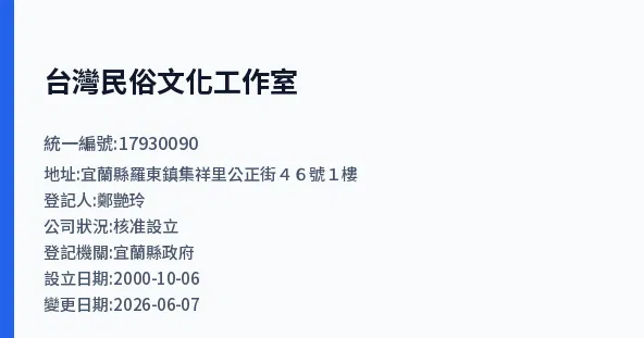 台灣民俗文化工作室的照片-統編 17930090(宜蘭縣) 公司登記資料與營業項目詳細圖表