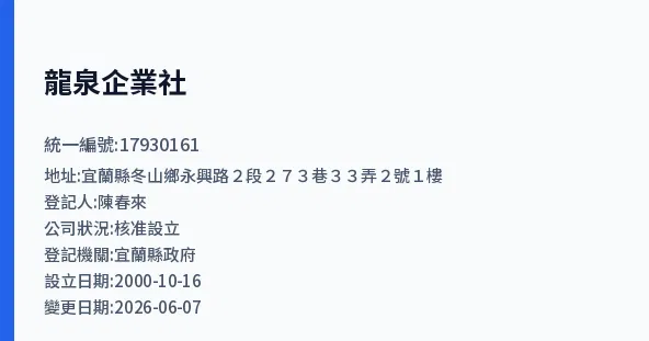 龍泉企業社的照片-統編 17930161(宜蘭縣) 公司登記資料與營業項目詳細圖表