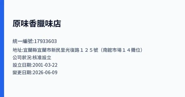 原味香臘味店的照片-統編 17933603(宜蘭縣) 公司登記資料與營業項目詳細圖表