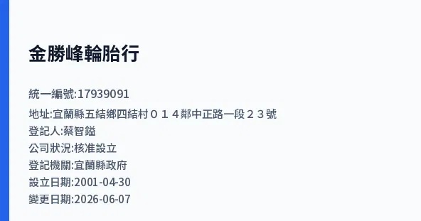 金勝峰輪胎行的照片-統編 17939091(宜蘭縣) 公司登記資料與營業項目詳細圖表