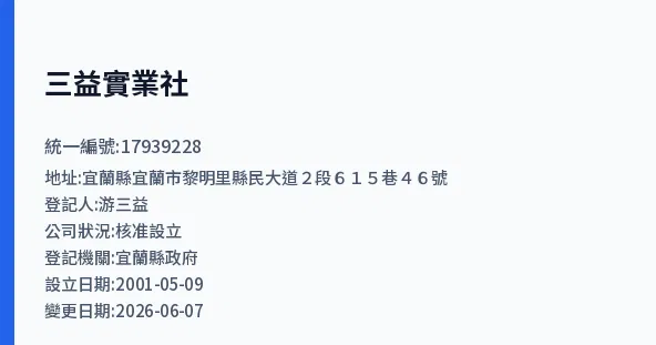 三益實業社的照片-統編 17939228(宜蘭縣) 公司登記資料與營業項目詳細圖表