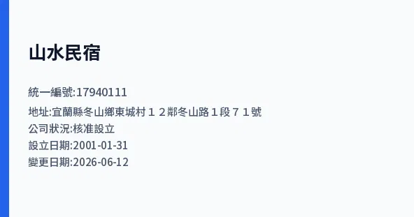 山水民宿的照片-統編 17940111(宜蘭縣) 公司登記資料與營業項目詳細圖表