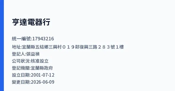 亨達電器行的照片-統編 17943216(宜蘭縣) 公司登記資料與營業項目詳細圖表