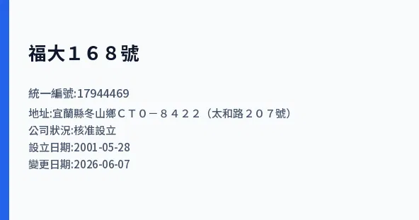 福大168號的照片-統編 17944469(宜蘭縣) 公司登記資料與營業項目詳細圖表