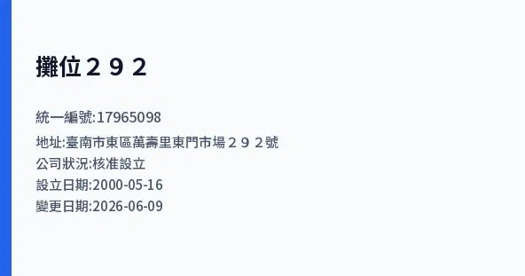 攤位292的照片-統編 17965098(臺南市) 公司登記資料與營業項目詳細圖表